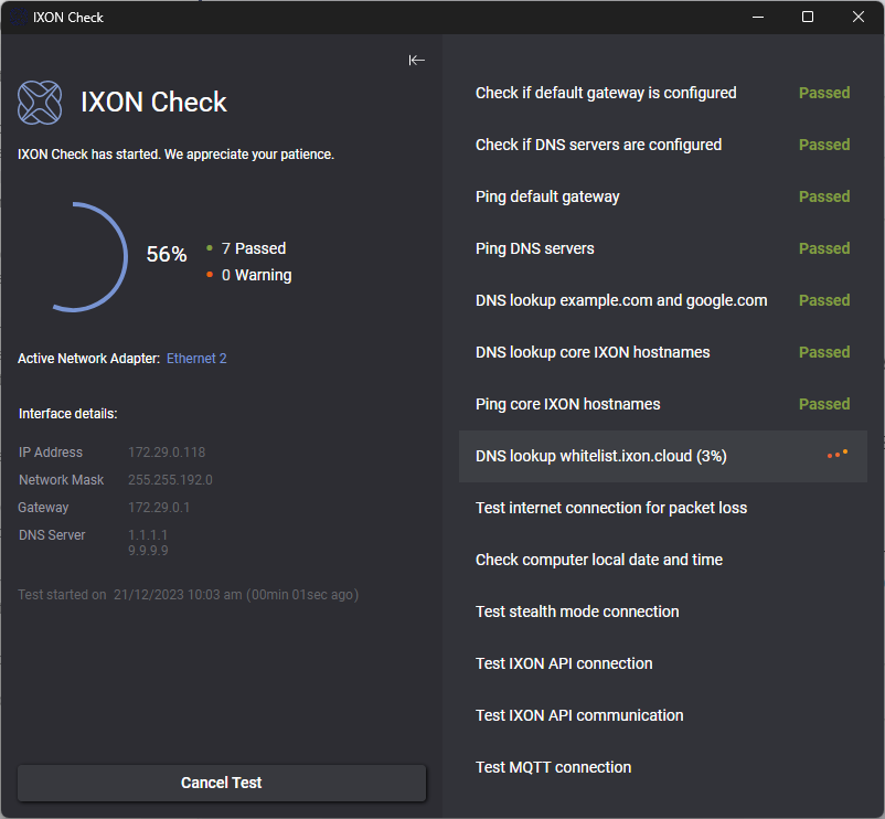 Test your network connection with IXON Check