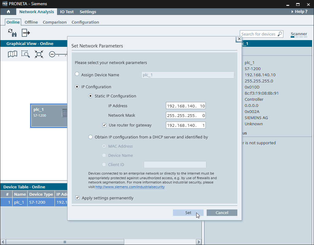 Find PROFINET devices and assign IP settings over VPN