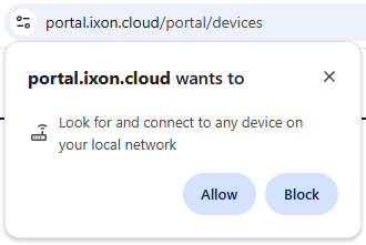 VPN Connect prompt: "portal.ixon.cloud wants to look for and connect to any device on your local ...